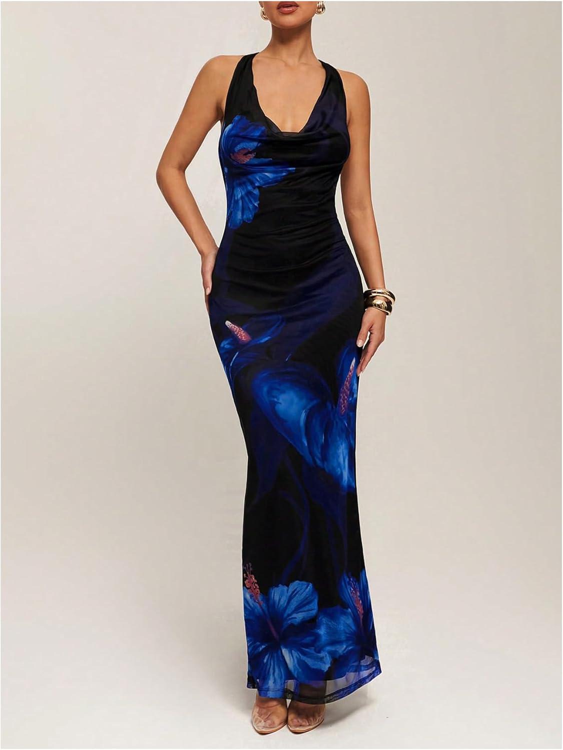 SOLY HUX Women’s Floral Halter Maxi Dress Draped Cowl Neck Backless ...