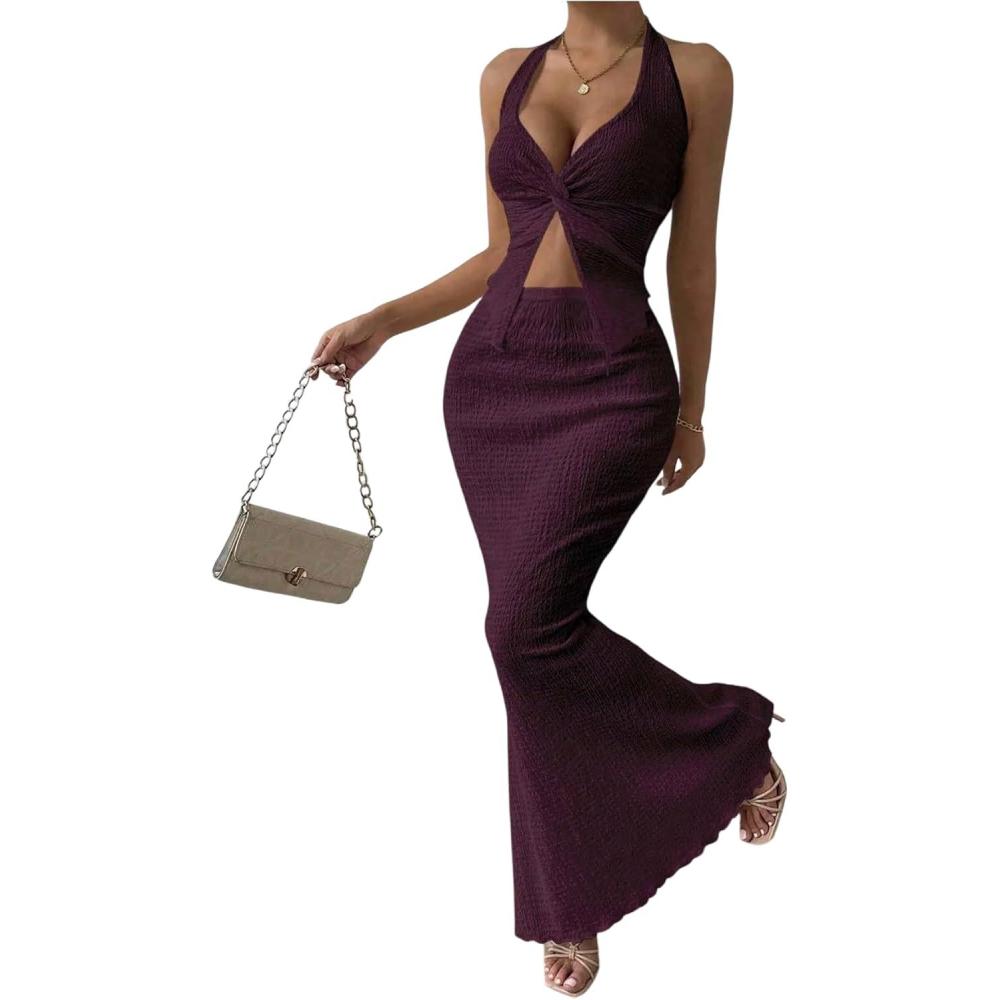 SOLY HUX Women’s Two Piece Outfits Twist Front Halter Cami Tops and Skirt Summer Set(Red Violet ...